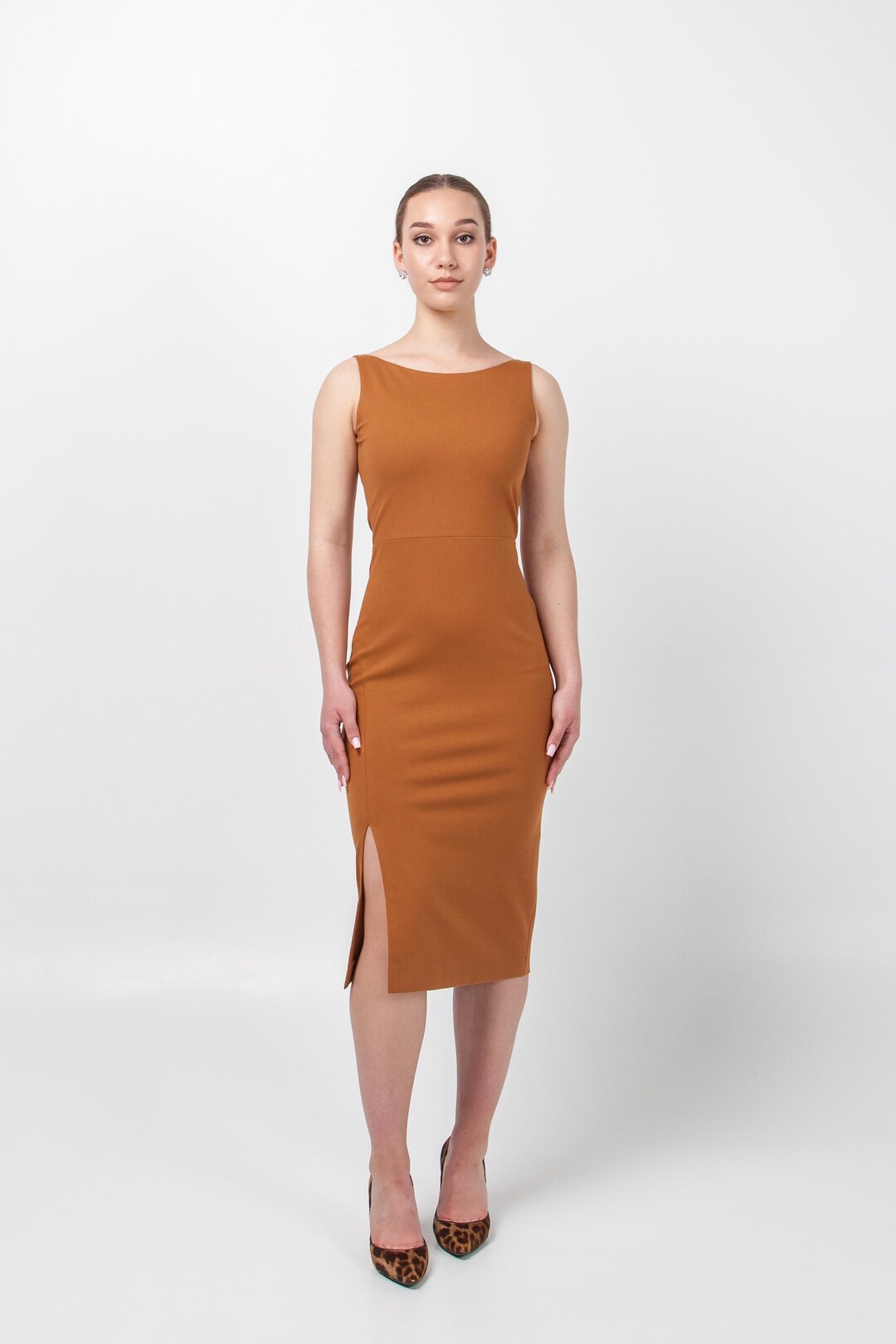 Burnt Orange Cocktail Dress Bodycon, Wedding Guest Dress Summer, Fitted ...