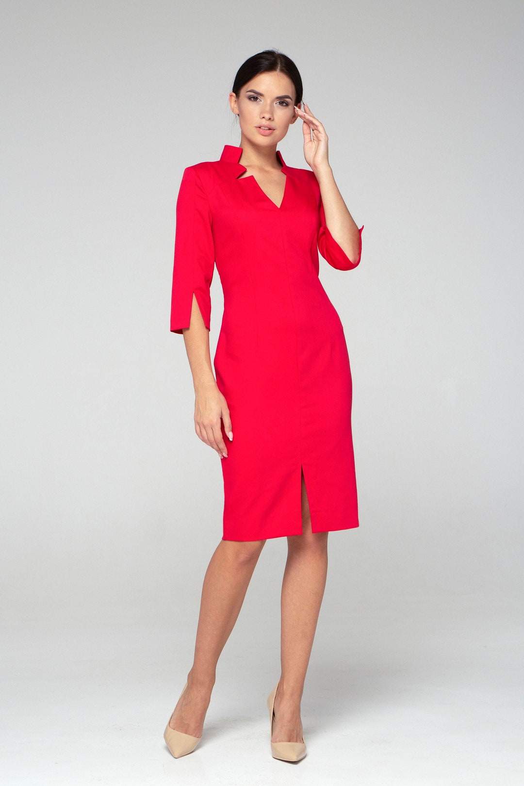 Red Cocktail Dress, Elegant Party Dress, Corporate Pencil Dress V-neck ...