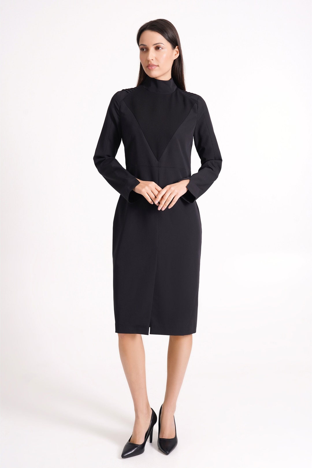 Black Modern Office Dress, Women's Business Casual Dress, High Neck ...