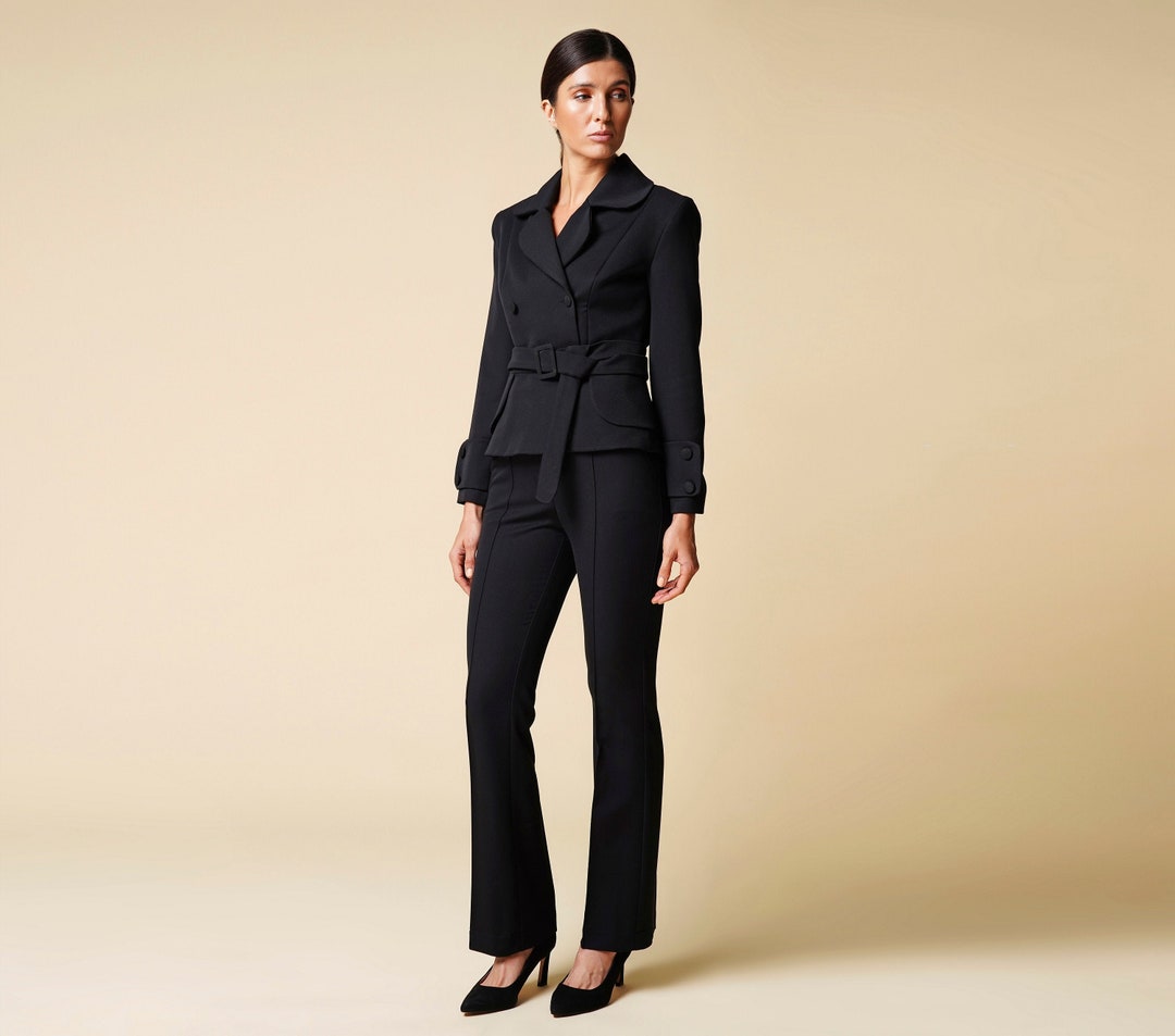 Black Pant Suit Women Cloverleaf Lapel Blazer Hourglass Jacket Fitted ...