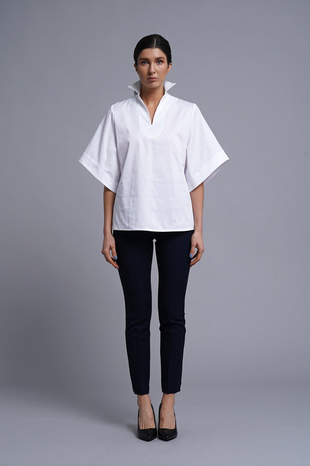 Pop Collar Shirt Women, White Cotton Blouse Modern, Office Shirt ...
