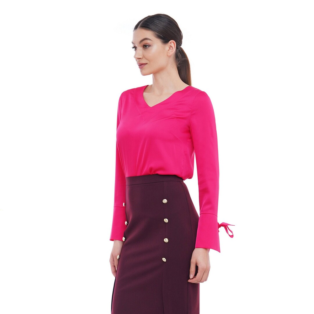 Pink Long Sleeve V Neck Satin Blouse Women, Washable Silk Blouses Woman ...