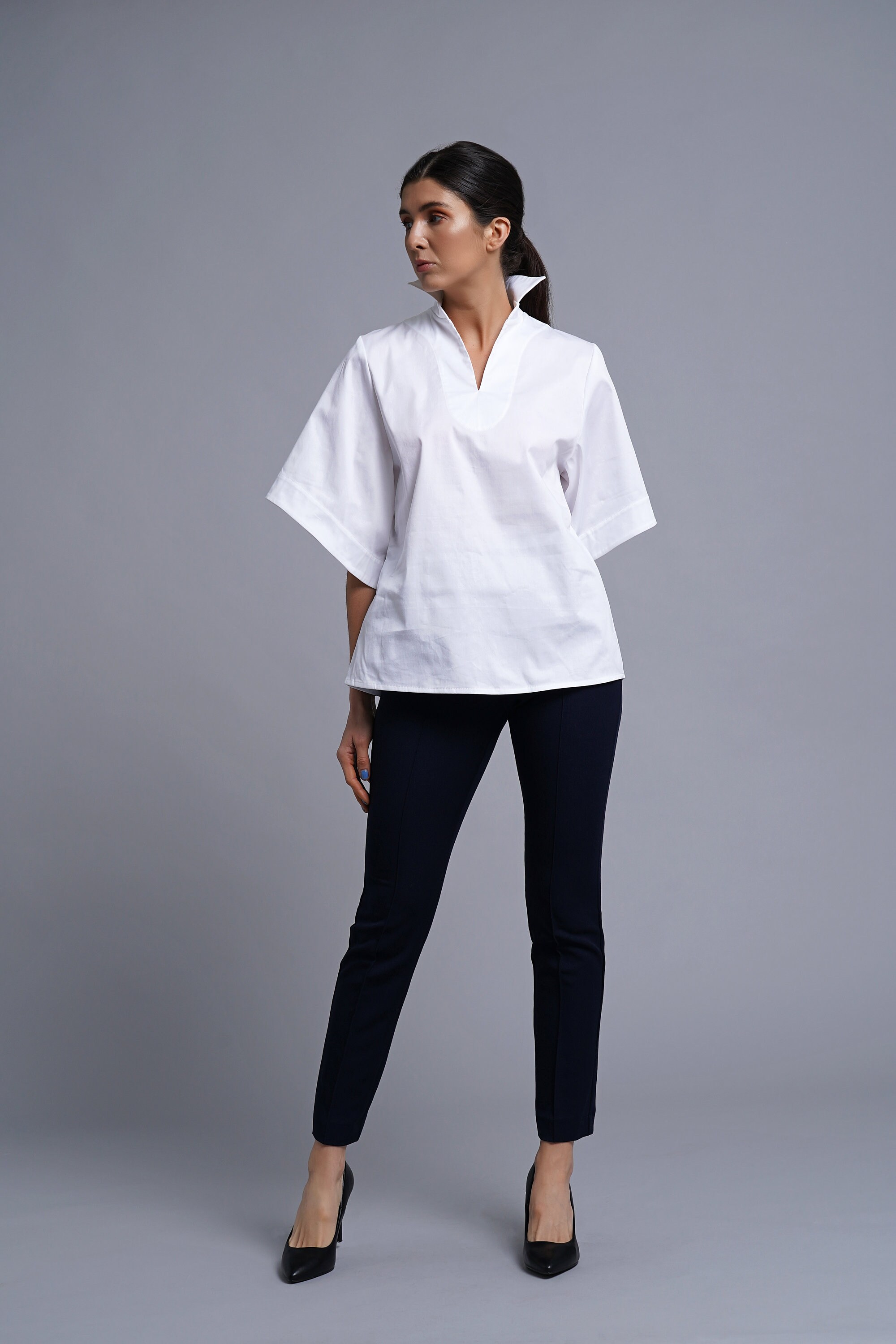 Pop Collar Shirt Women, White Cotton Blouse Modern, Office Shirt ...