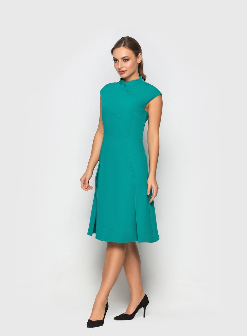 Mandarin Collar Dress Qipao Cheongsam Teal Women High Neck Midi Chinese ...