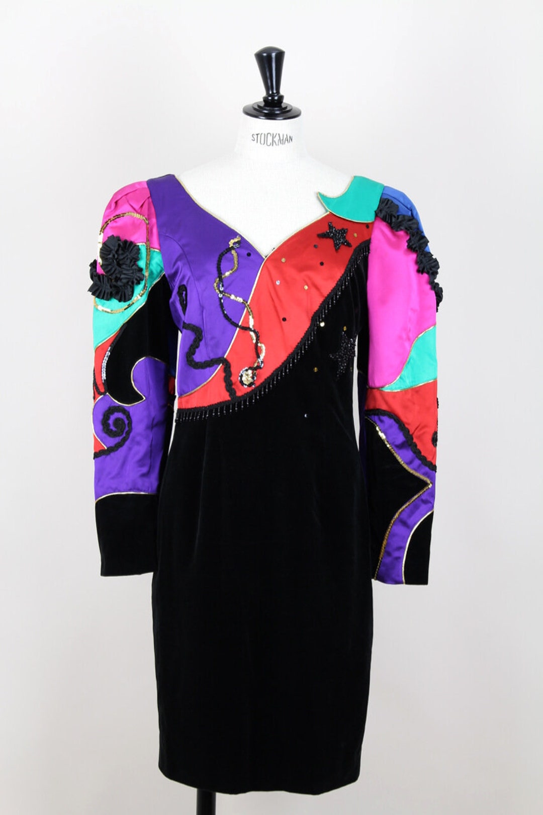 LOUIS FERAUD 1980s Vintage Cocktail Dress Black Velvet & Abstract ...