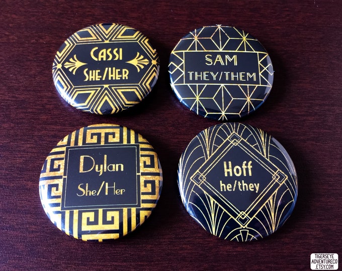 Art Deco Custom Name & Pronoun Buttons - Etsy