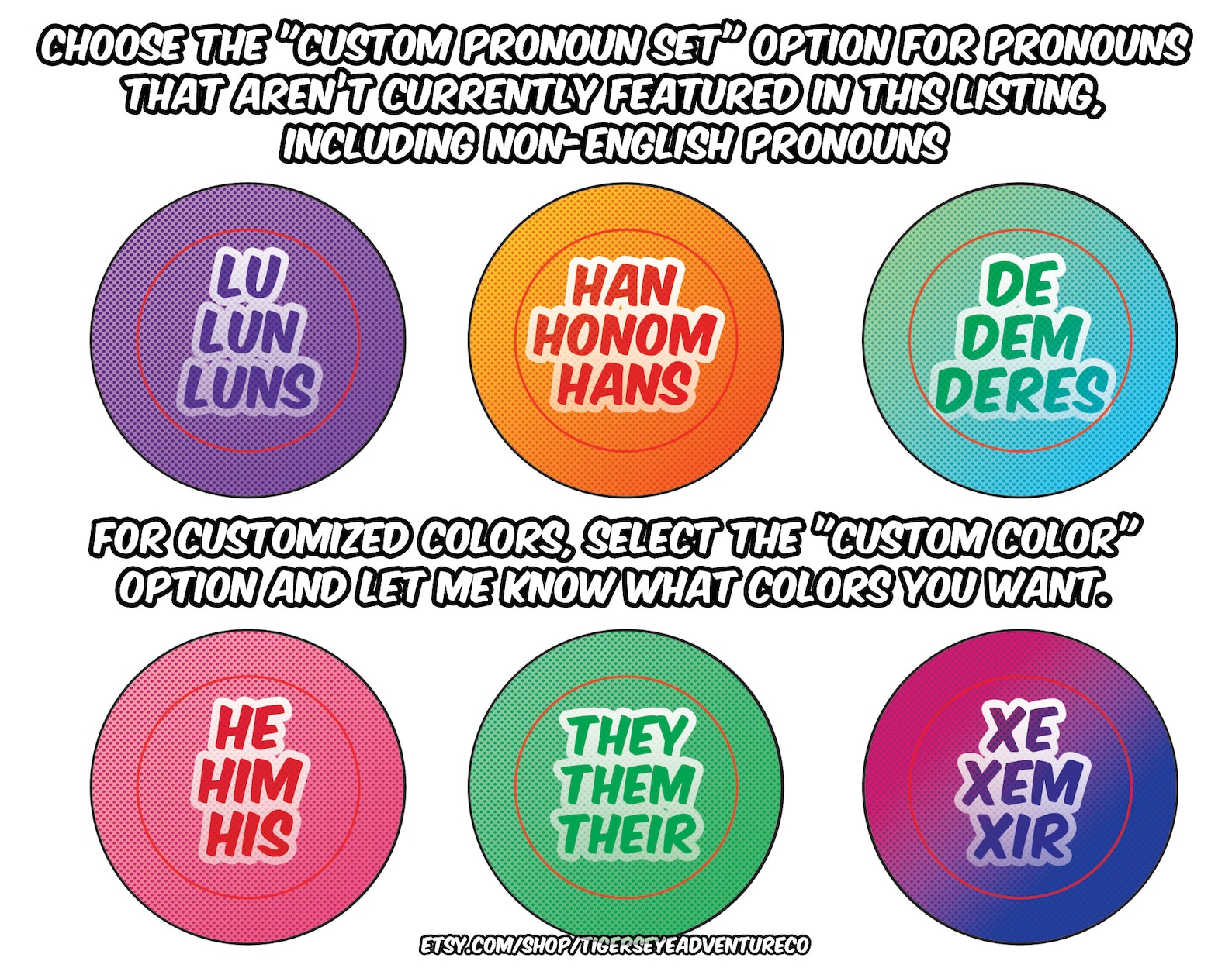 Comic-style Pronoun Buttons Custom Colors & Pronouns Plus - Etsy