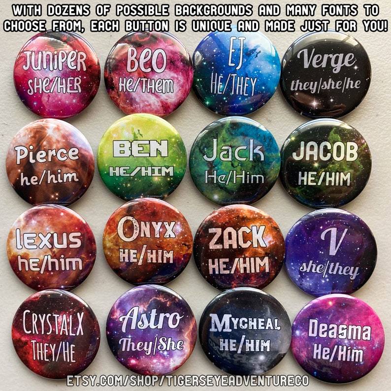 Cosmic Name and Pronoun Buttons Custom Made to Order Bulk - Etsy