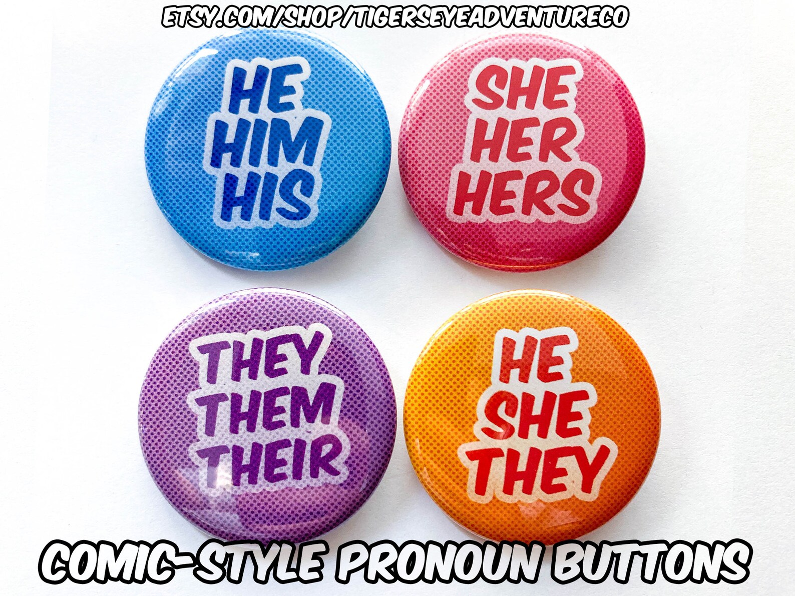 Comic-style Pronoun Buttons Custom Colors & Pronouns Plus - Etsy