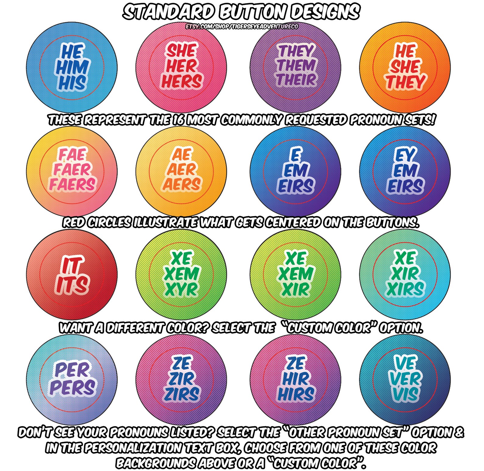 Comic-style Pronoun Buttons Custom Colors & Pronouns Plus - Etsy