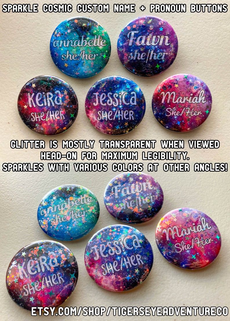 Sparkle Cosmic Name and Pronoun Buttons Custom Made to Order - Etsy