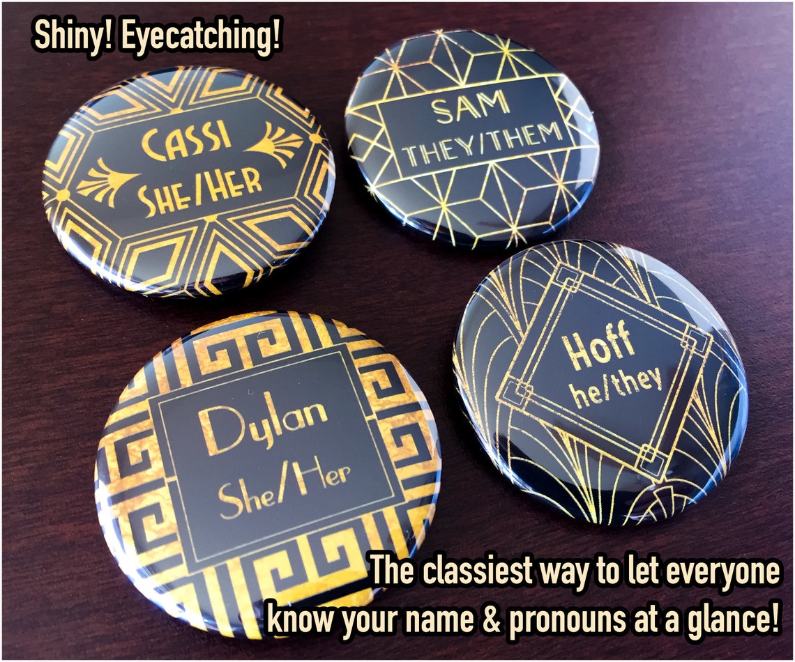 Art Deco Custom Name & Pronoun Buttons - Etsy