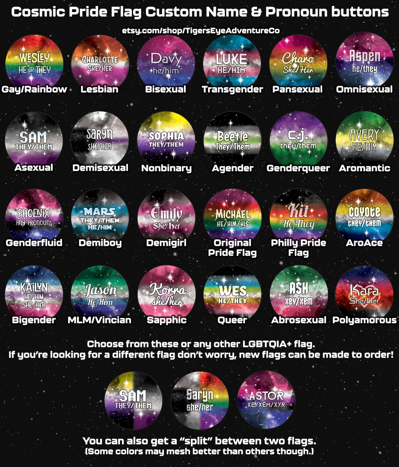 Cosmic Pride Flag Custom Name & Pronoun Buttons Personalized - Etsy