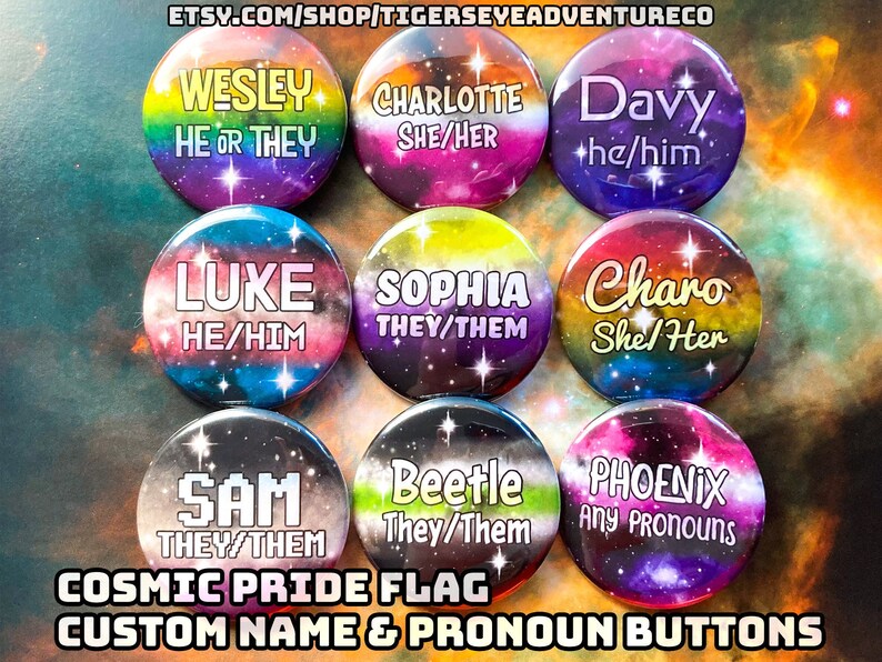 Cosmic Pride Flag Custom Name & Pronoun Buttons Personalized - Etsy