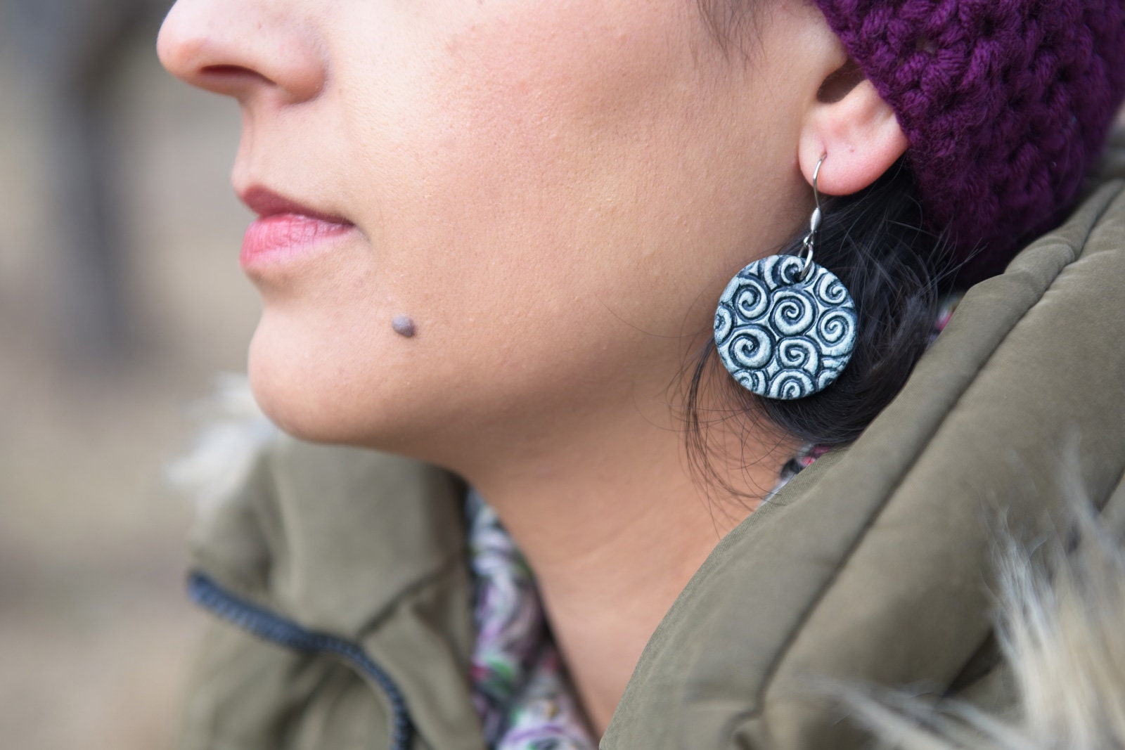 Clay Earrings, Dangle Earrings, Round Shape, Embossed Swirls Design ...