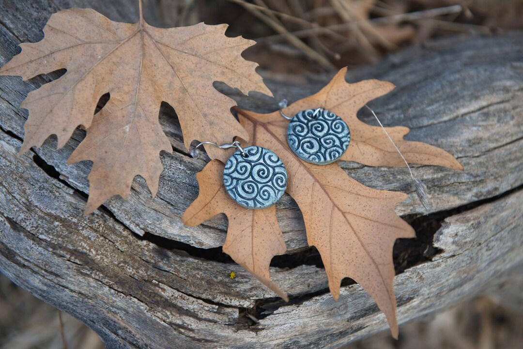 Clay Earrings, Dangle Earrings, Round Shape, Embossed Swirls Design ...