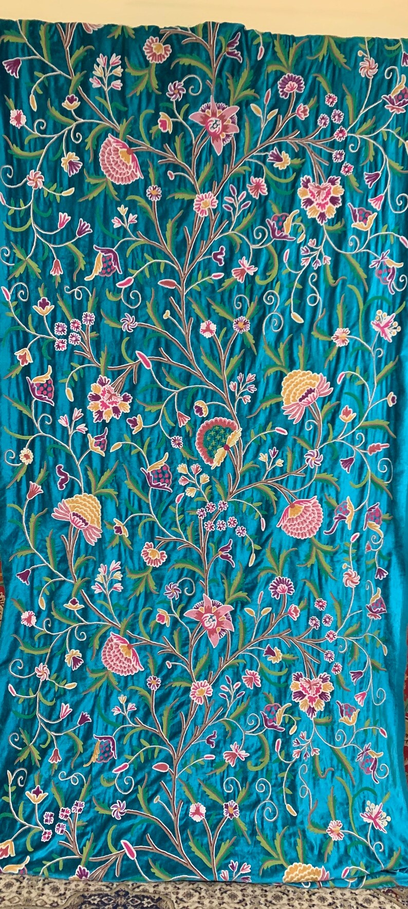 Handmade Crewel Embroidery Fabric: Blue Turquoise Velvet, Floral Wool ...