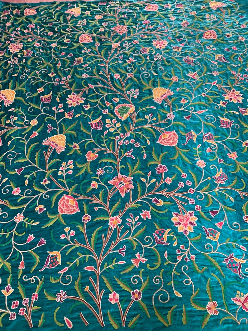 Handmade Crewel Embroidery Fabric: Blue Turquoise Velvet, Floral Wool ...