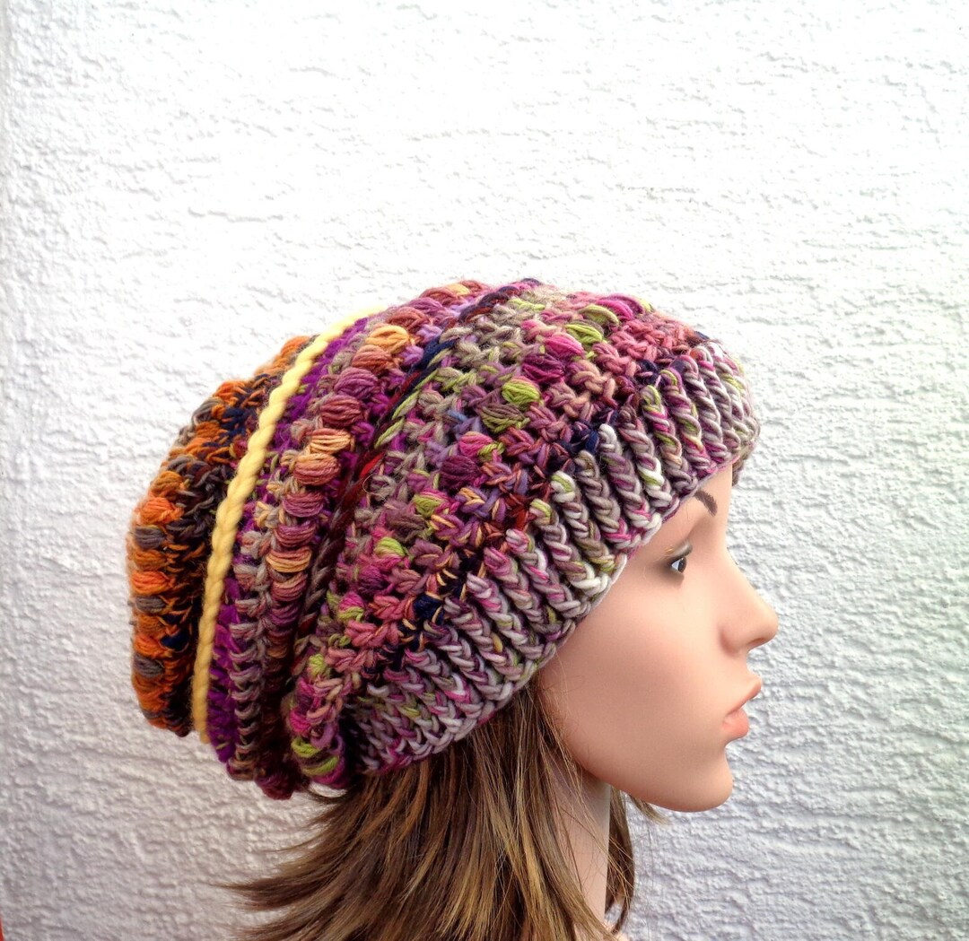 Ladies Chunky Crochet Slouch Hat Handspun Size M, Long Fit Slouchy ...