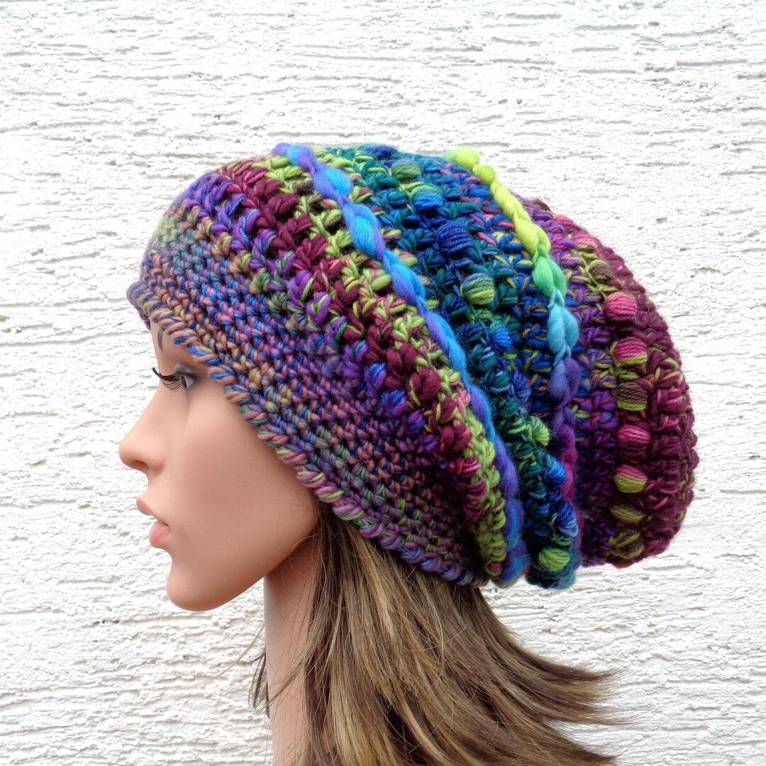 Colorful Crochet Slouch Hat/dread Beanie Size M Made With Artisan Yarns ...
