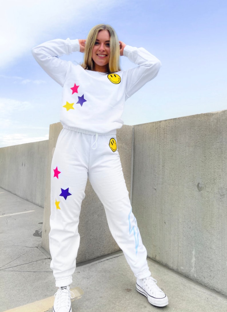Comic Sweat Set White Stars Lightning Bolt Smiley Face - Etsy