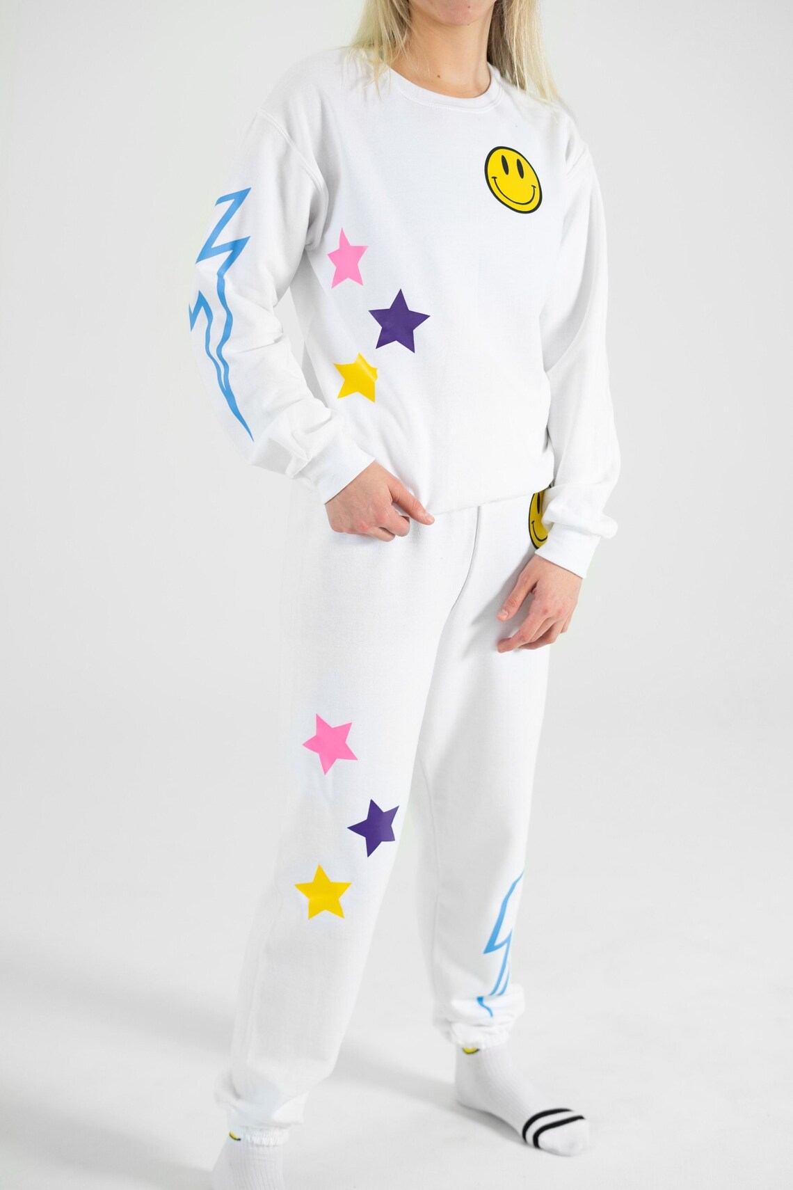 Comic Sweatpants White Sweats Stars Lightning Bolt Smiley - Etsy