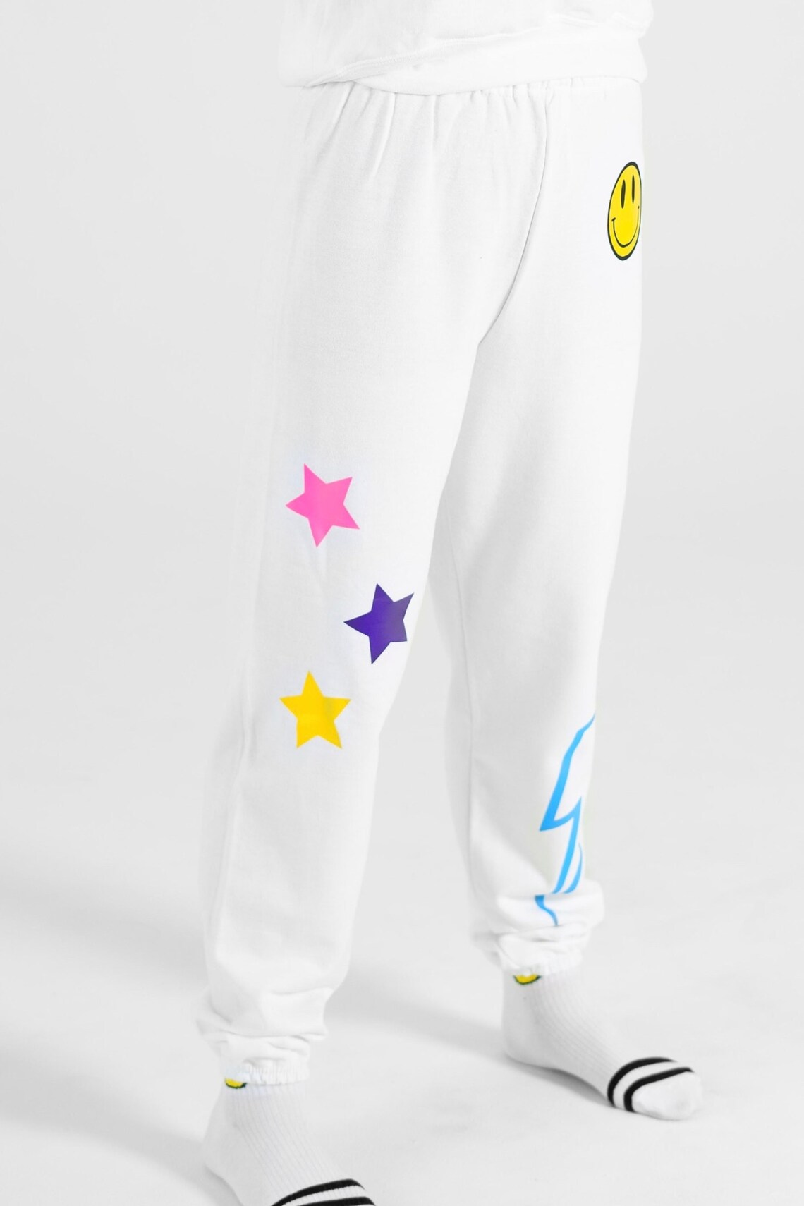 Comic Sweatpants- White Sweats- Stars- Lightning Bolt- Smiley Face ...