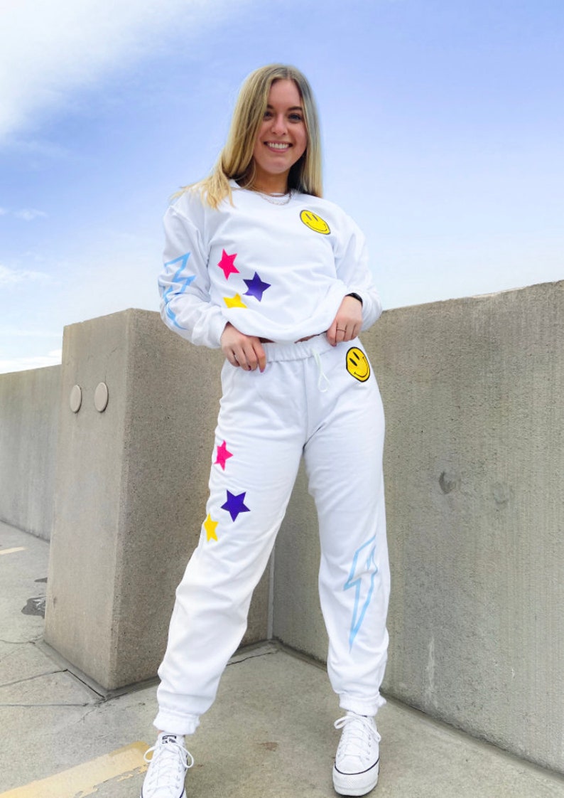 Comic Sweatpants- White Sweats- Stars- Lightning Bolt- Smiley Face ...