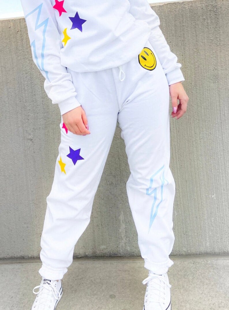 Comic Sweatpants- White Sweats- Stars- Lightning Bolt- Smiley Face ...