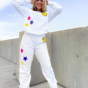 Comic Sweatpants- White Sweats- Stars- Lightning Bolt- Smiley Face ...