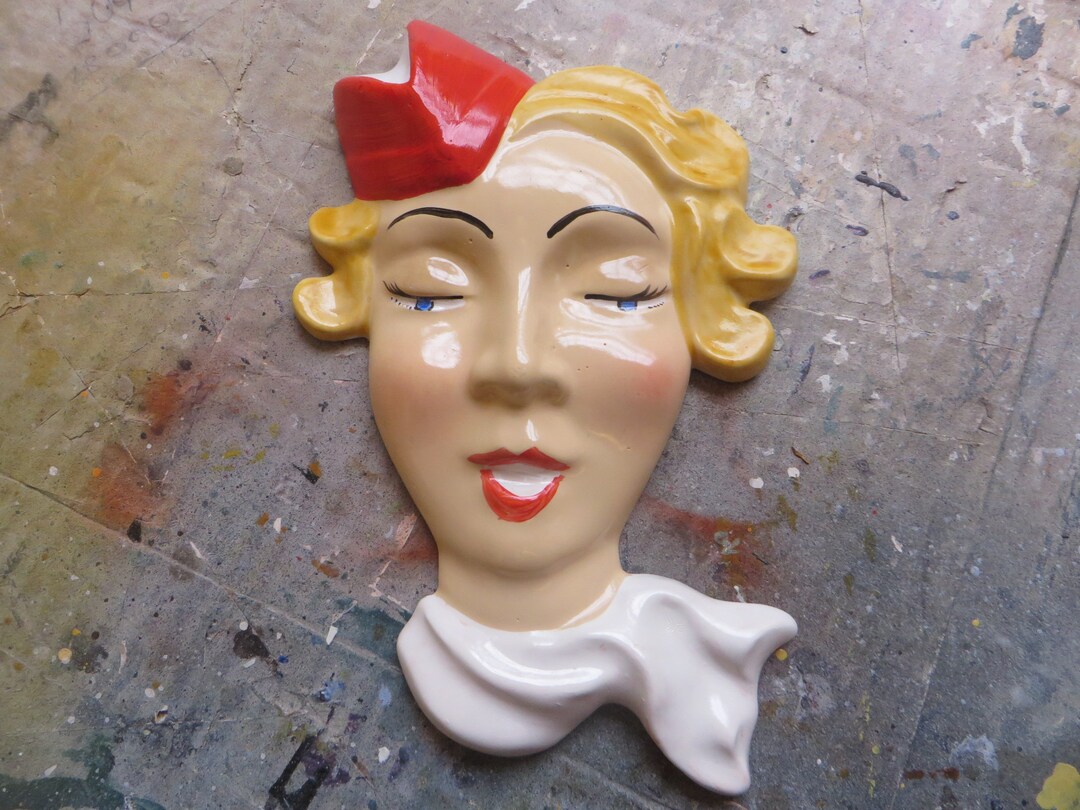 Art Deco Wall Mask Plaque Cast Hand Painted ,glazed'sylvia - Etsy