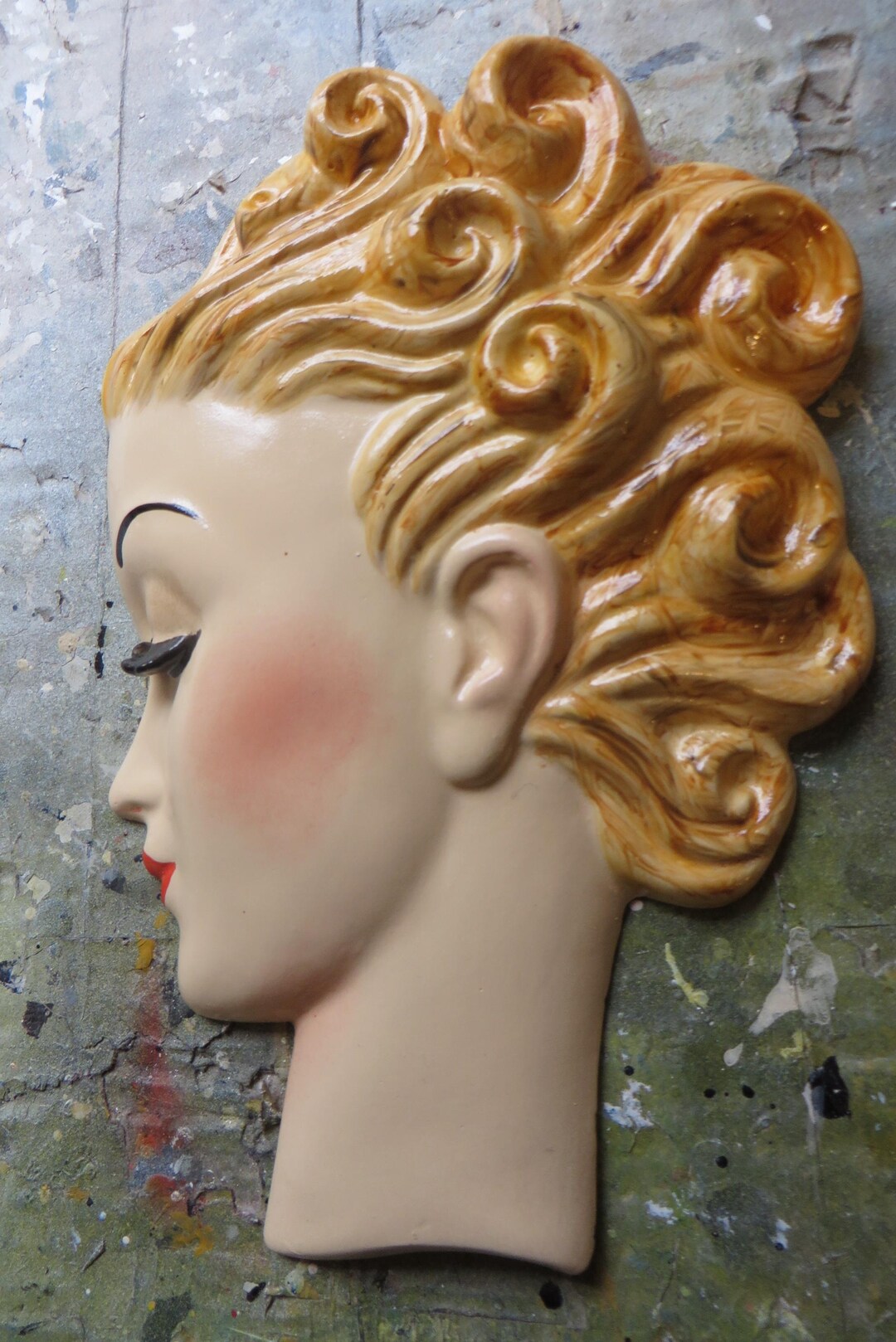Art Deco Style Wall Mask; Wall Head ; Plaque; Hand Painted, Glazed ...