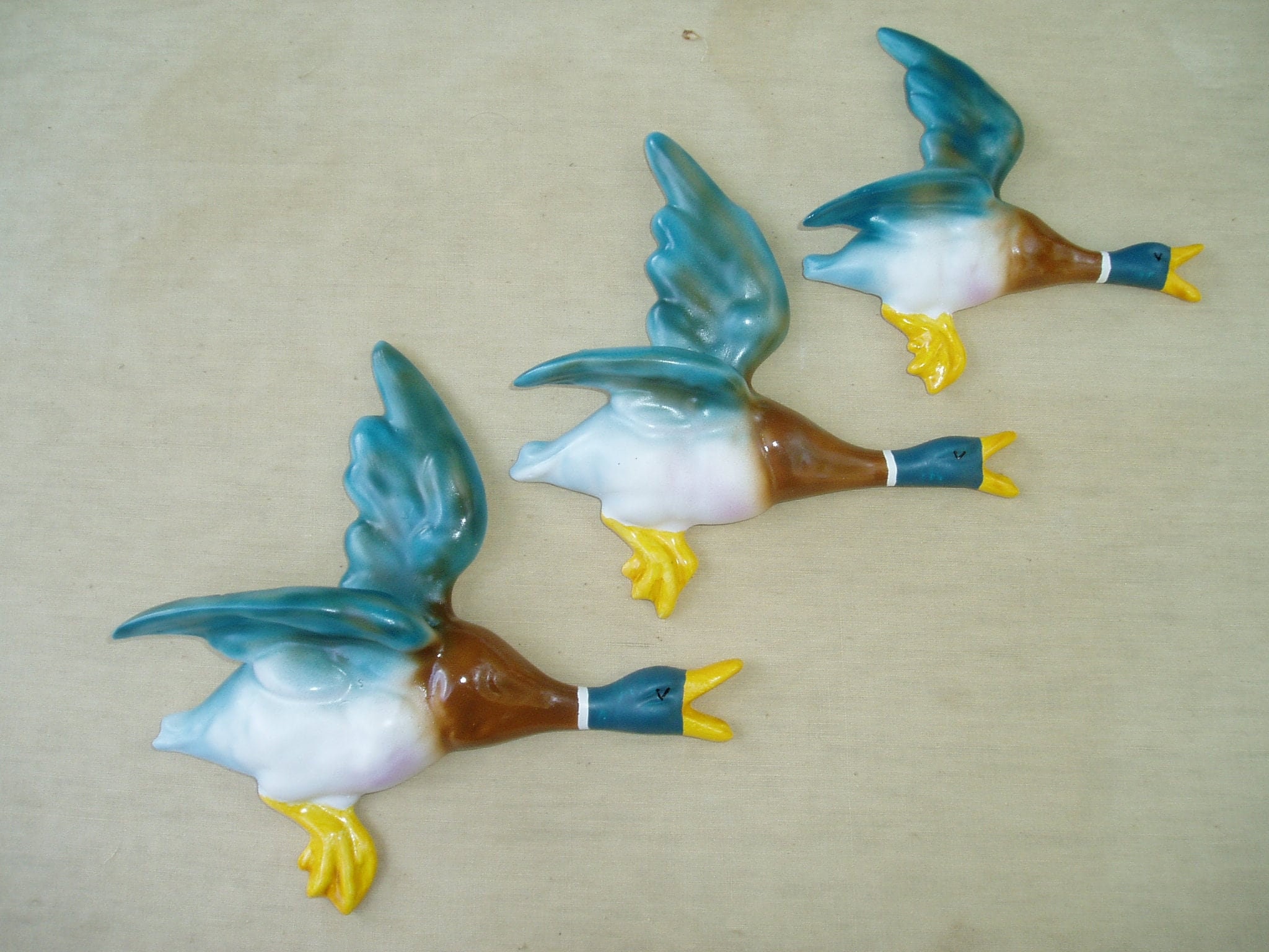 Set of Three Flying Ducks, Cast in Strong Plaster Classic Retro Style ...