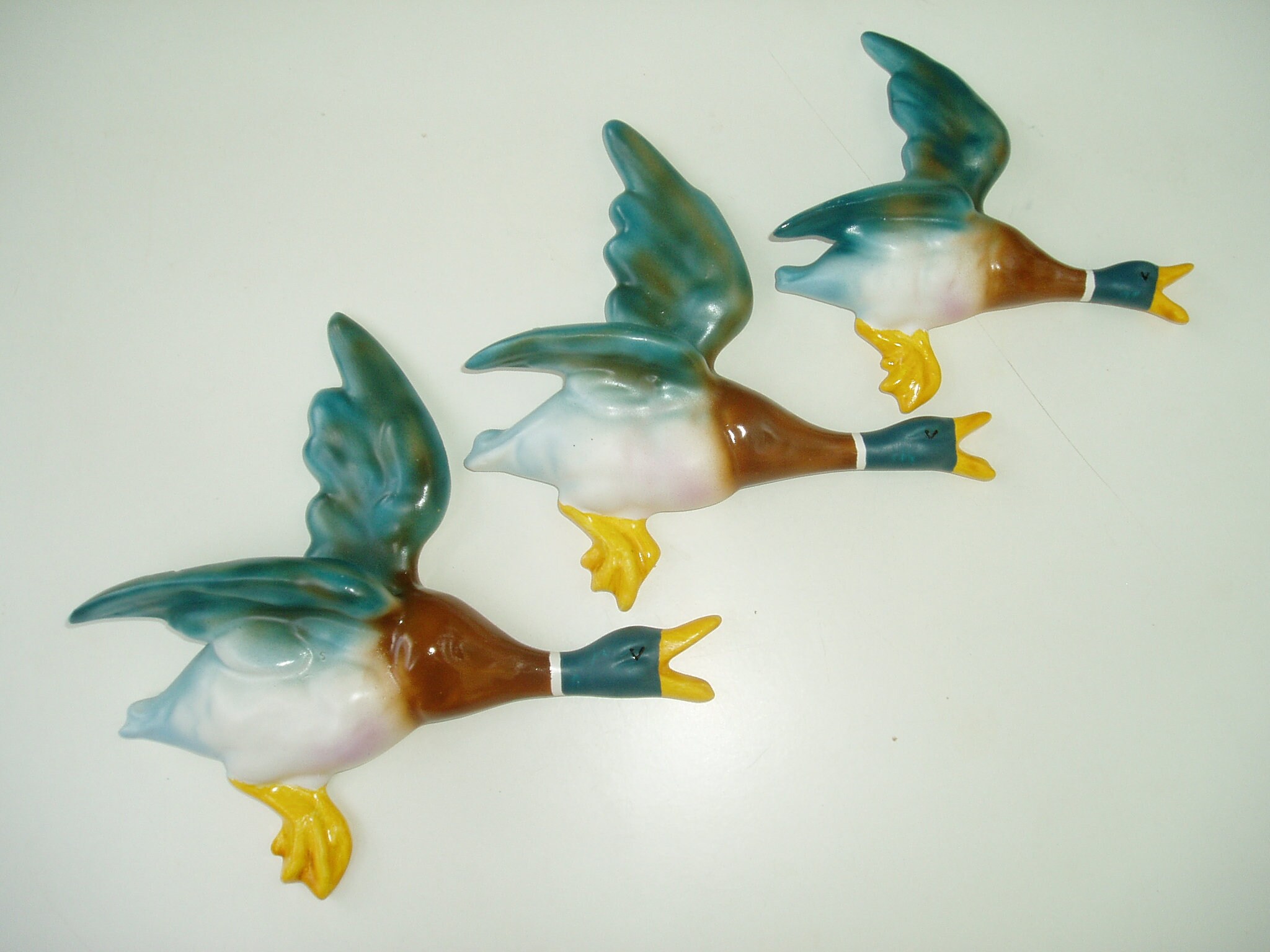 Set of Three Flying Ducks, Cast in Strong Plaster Classic Retro Style ...