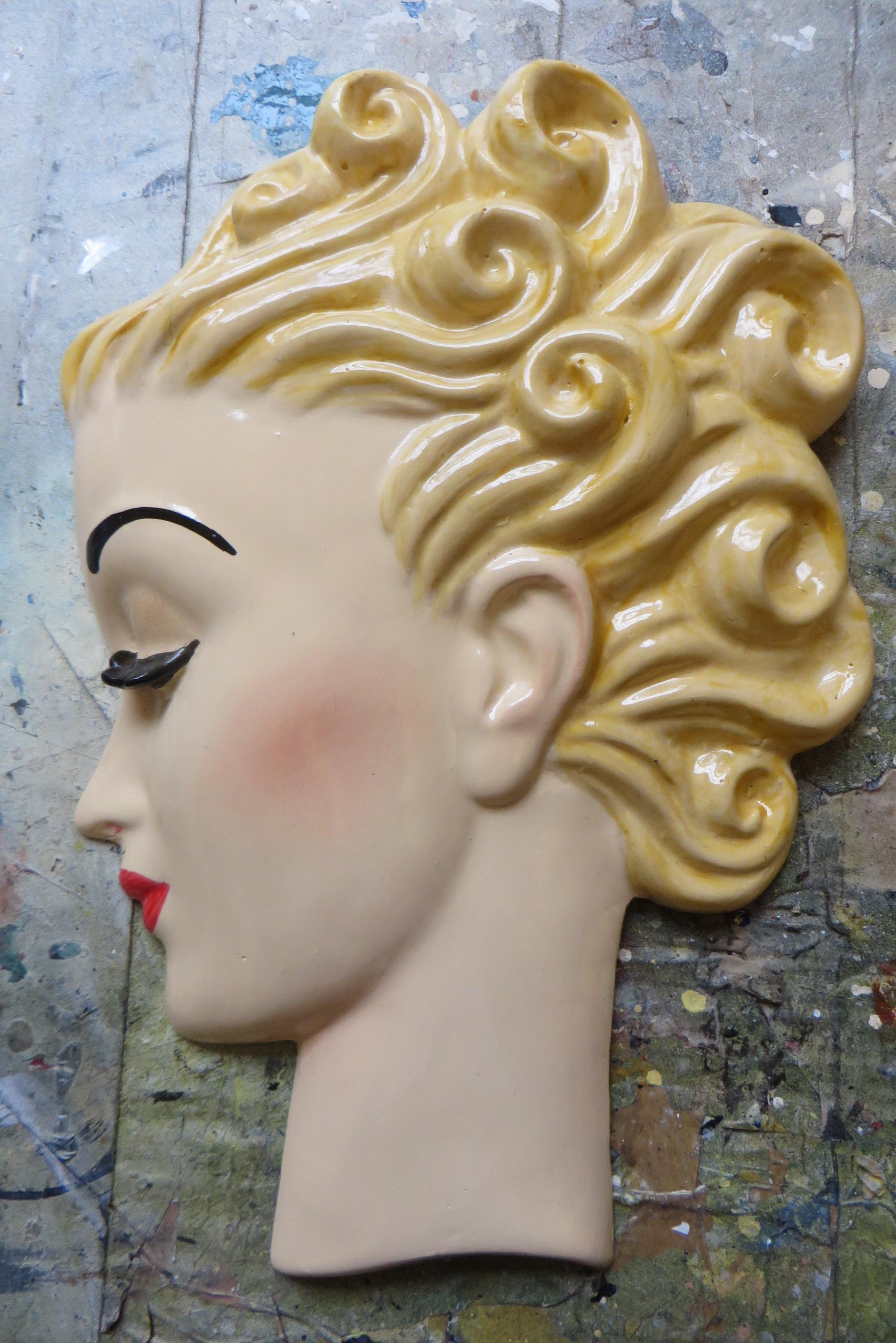 Art Deco Style Wall Mask; Wall Head ; Plaque; Hand Painted, Glazed ...