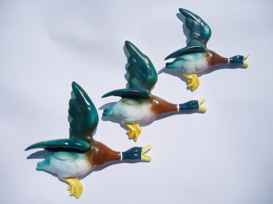 Set of Three Flying Ducks, Cast in Strong Plaster Classic Retro Style ...