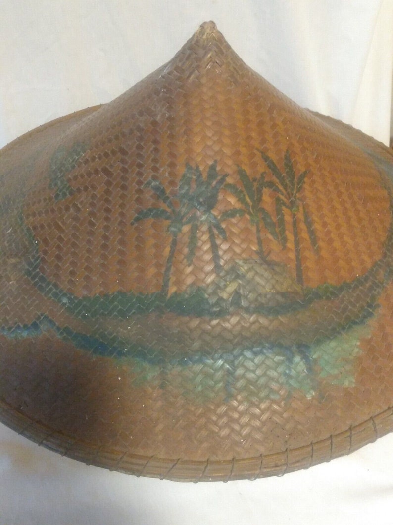 Vintage Asian Woven Traditional Straw Hat Rice Paddy Coolie Conical ...