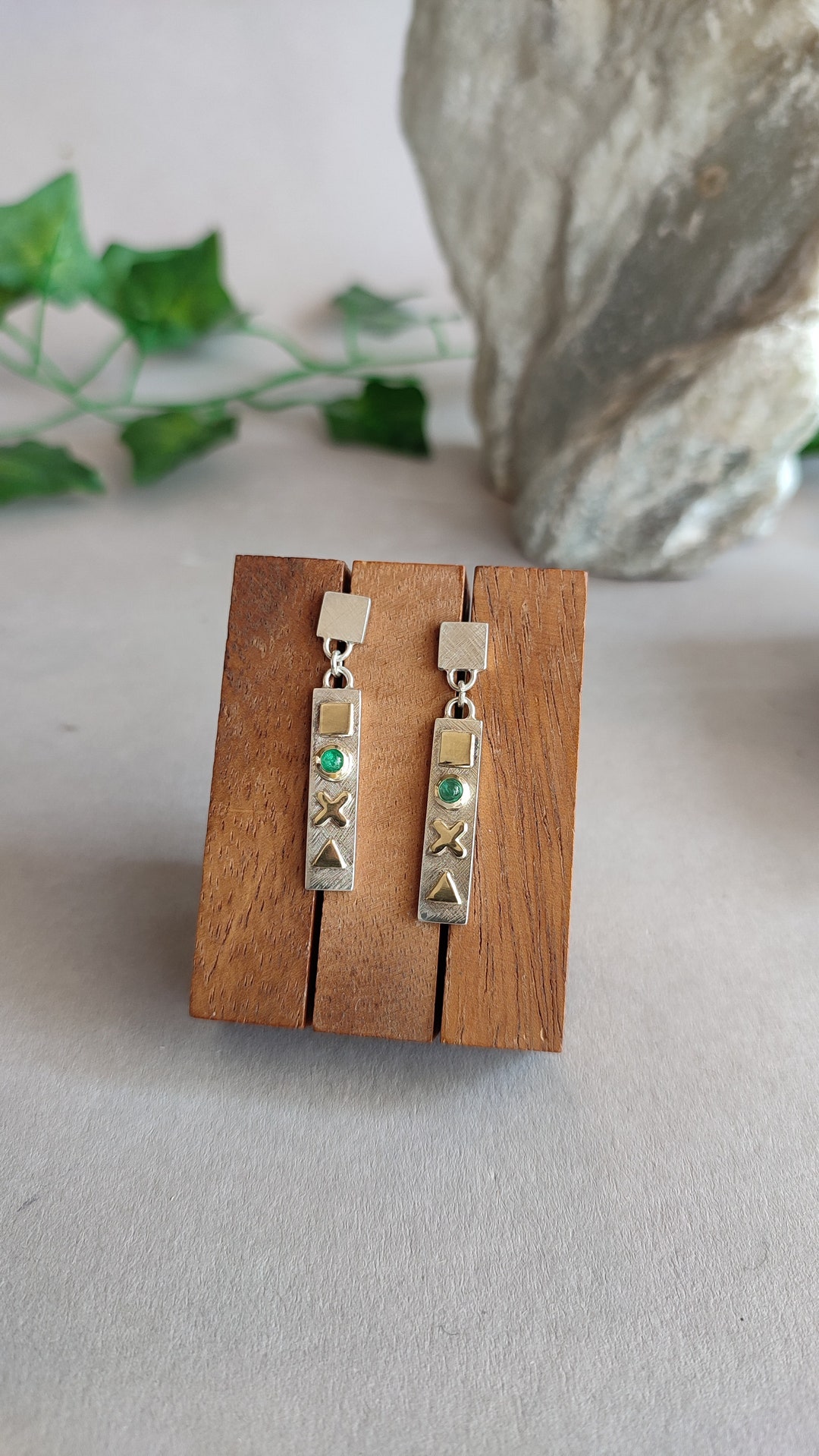 Gamer Earrings With Emerald // Sterling Silver 14ct Gold and Emerald ...