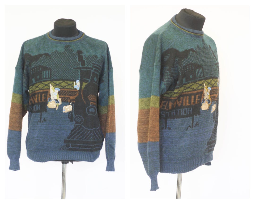 Vintage Railroad Station Sweater Train Sweater Locomotive Sweater Blue ...
