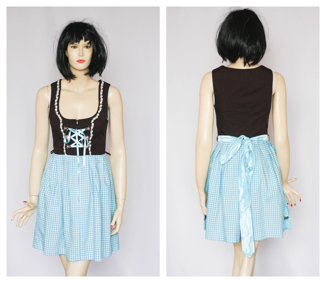Vintage Blue Black Dirndl Dress Womens Dress Bavarian Dress Checkered ...