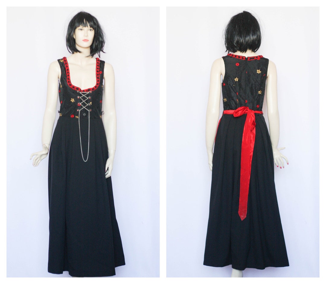 Vintage Maxi Black Red Dirndl Dress Womens Dress Bavarian Dress Floral ...