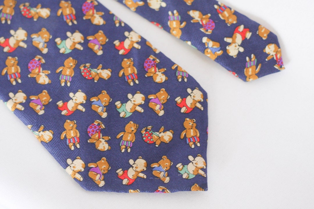 Teddy Bear Tie Blue Tie Toy Necktie Novelty Tie Silk Tie Bear Print Men ...