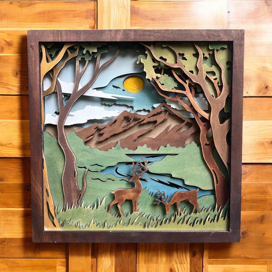 3D Laser Cut Forest Scene: Deer, Moon, Mountains - Rustic Wood Shadow ...