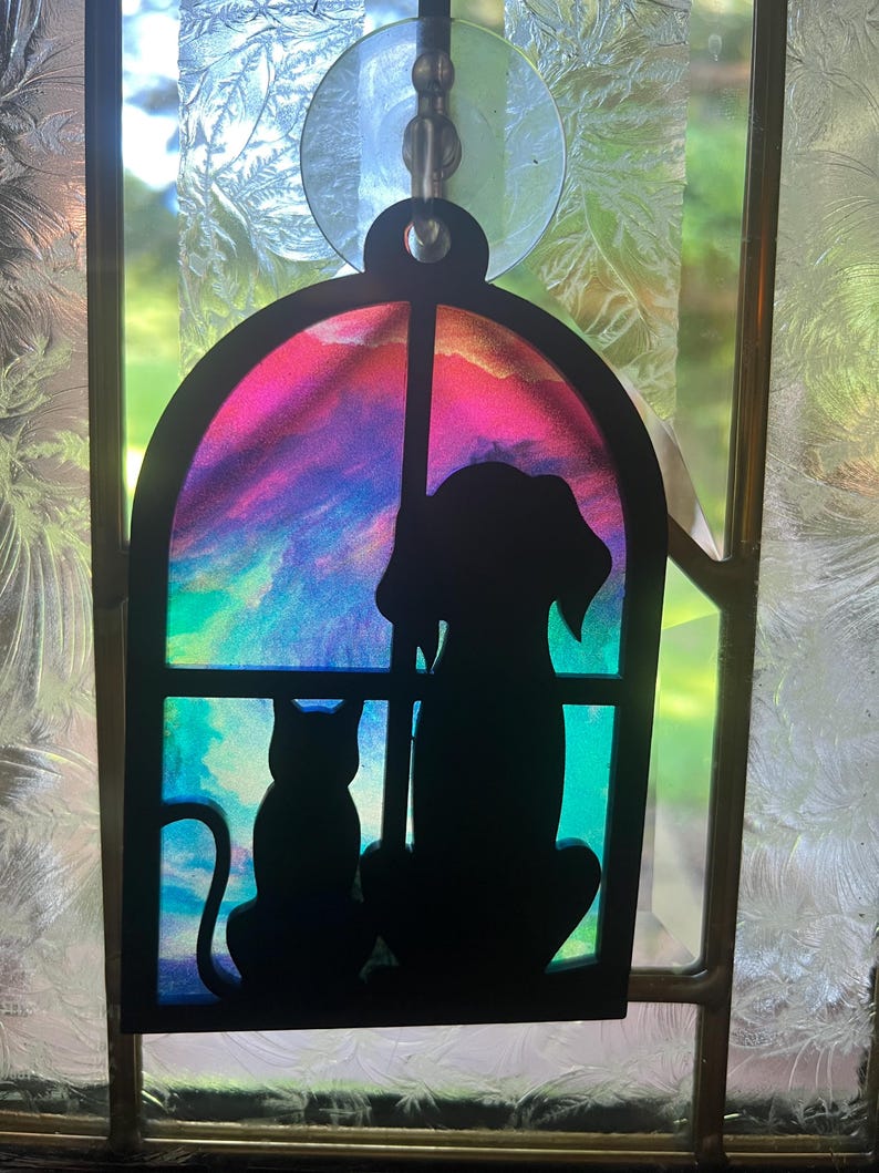 Cat and Dog Suncatcher, Handmade Wood Engraved Window Art, Adorable ...