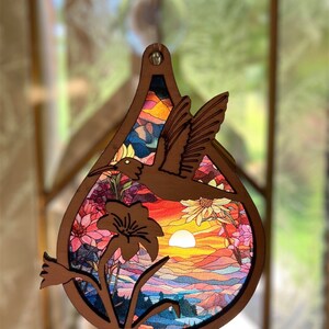Hummingbird Suncatcher: Handmade Wood Engraved Floral Window Art - Etsy