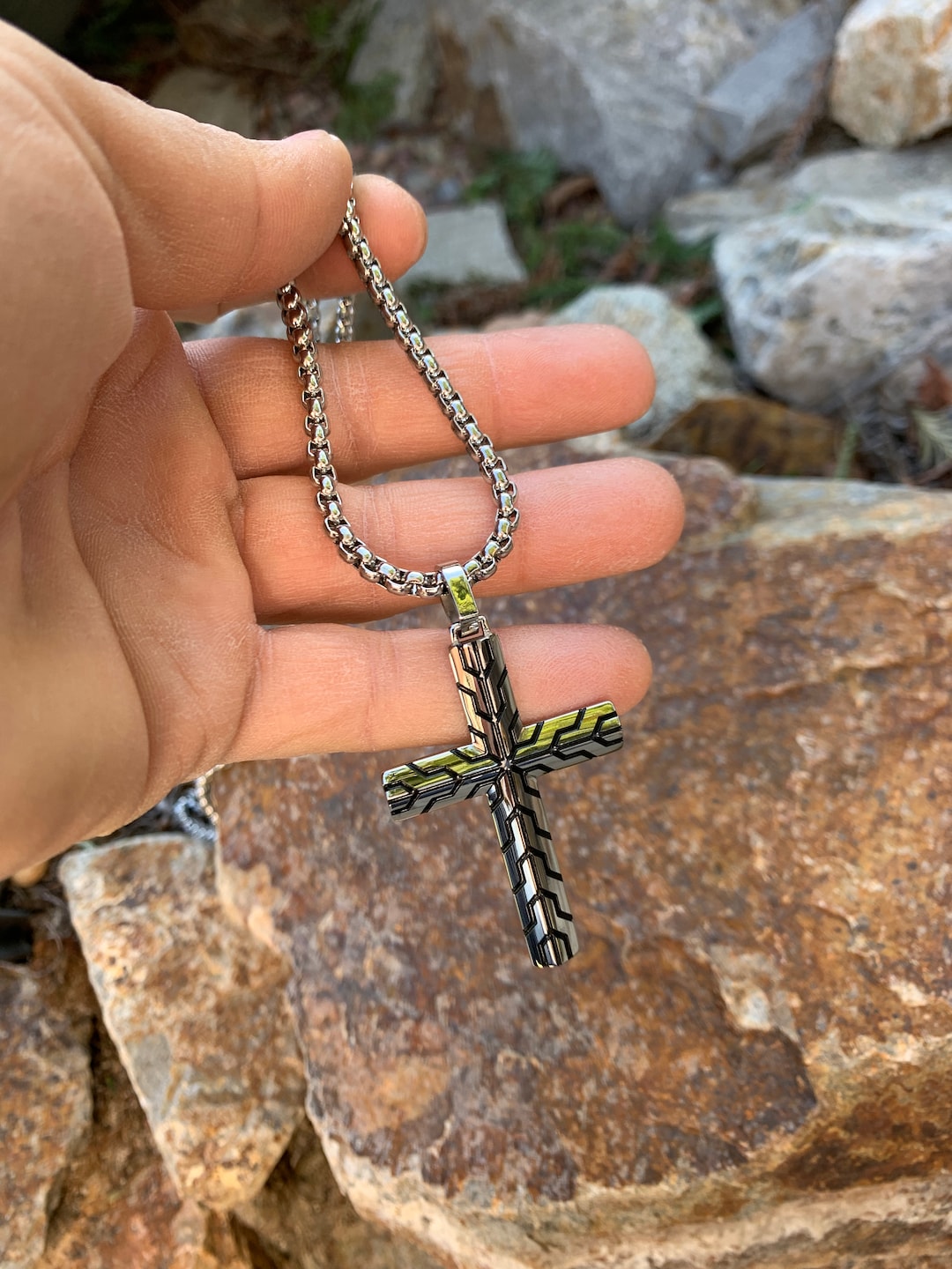 Stainless Steel Black Groove Cross Pendant Necklace - 26" Chain - Etsy