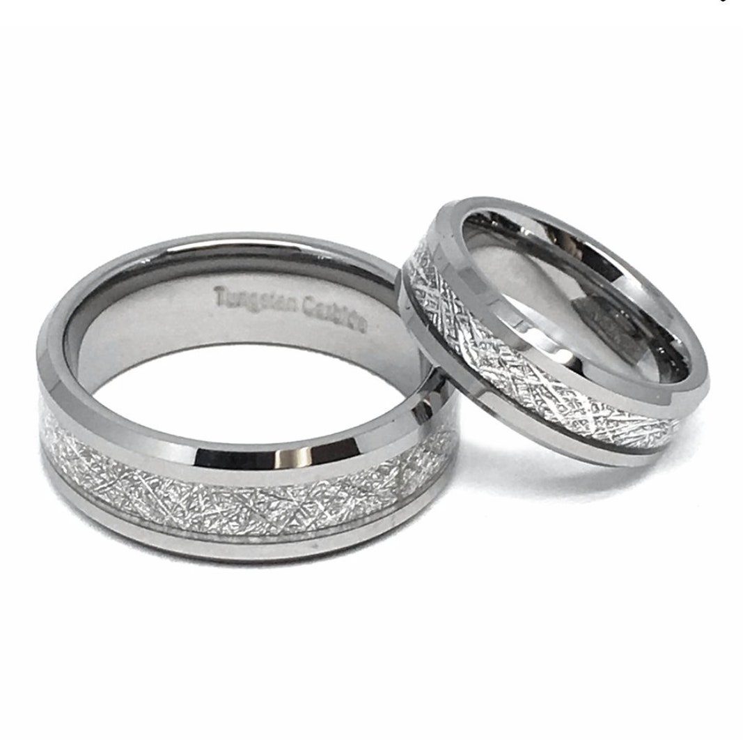 His & Hers Custom Engraved Tungsten Rings, Meteorite Inlay Wedding Band ...