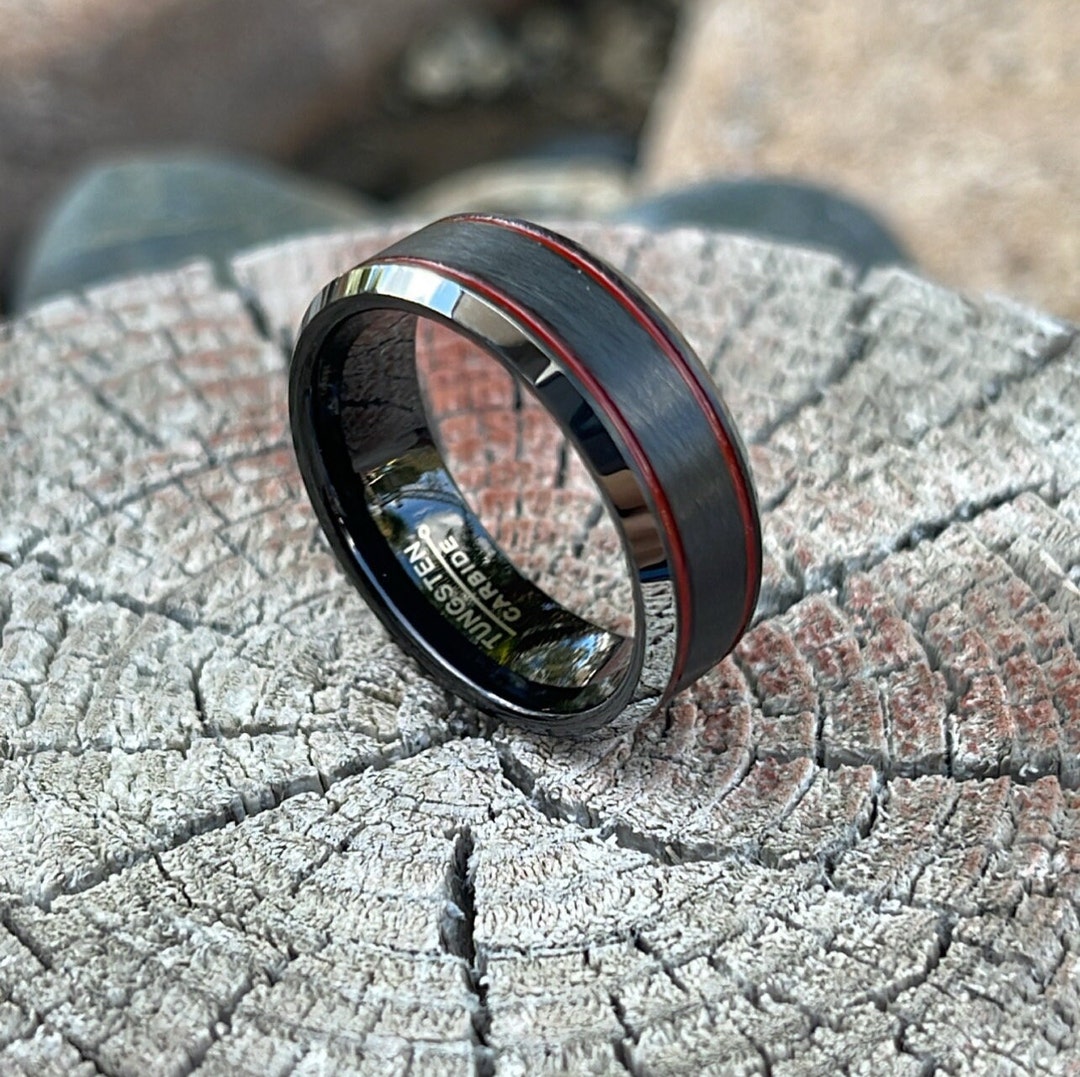 Red Tungsten Wedding Band, Black Tungsten Ring, Red Tungsten Wedding ...