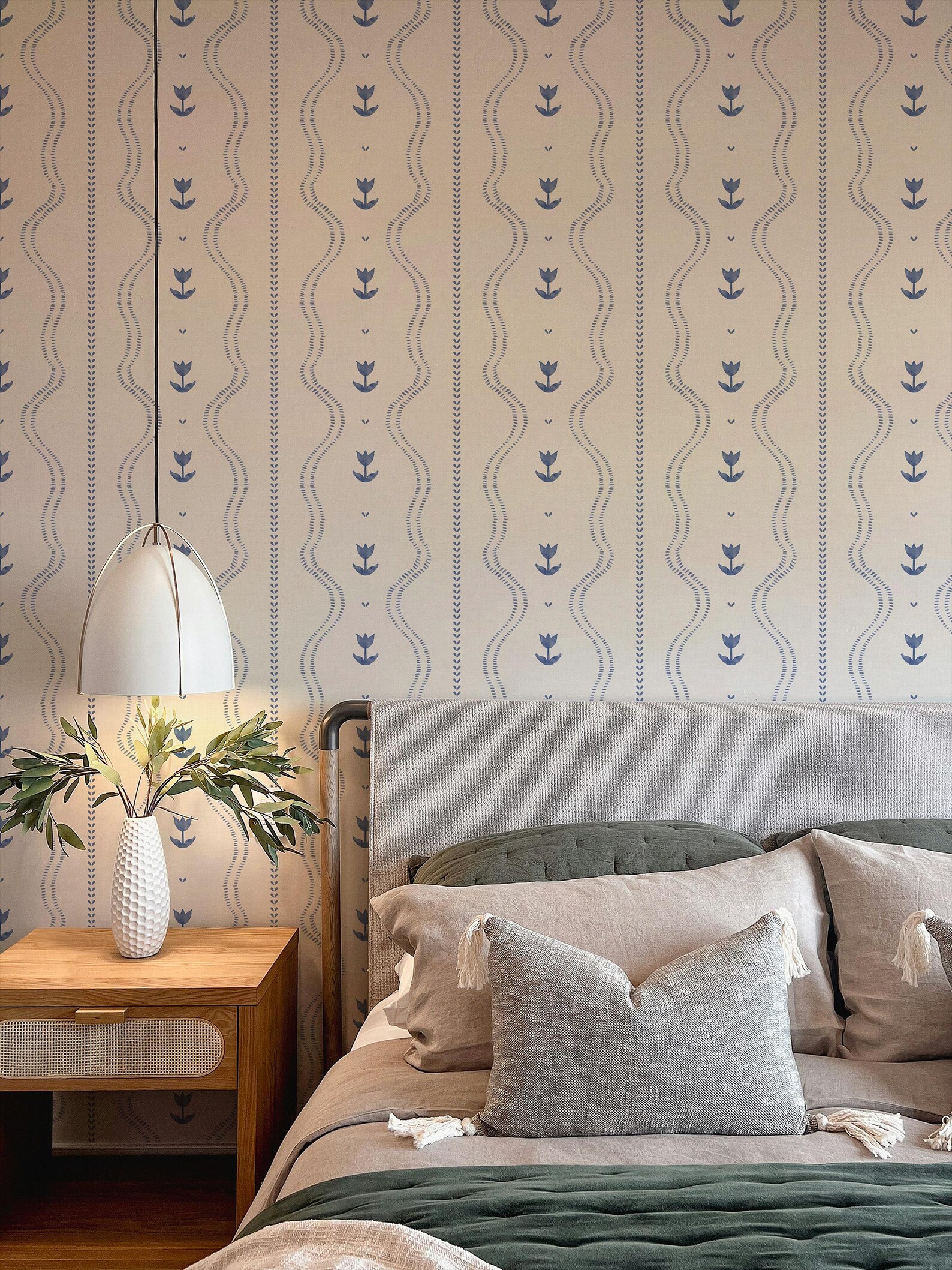 Cottagecore Blue Tulip Vine Lattice Stripe Soft Botanical Wallpaper ...
