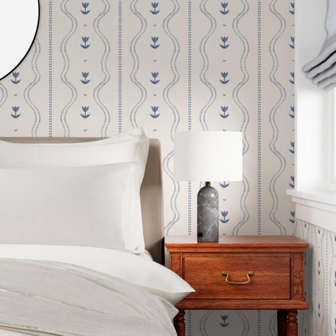 Cottagecore Blue Tulip Vine Lattice Stripe Soft Botanical Wallpaper ...